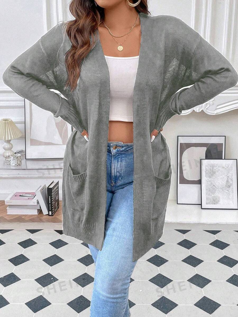 SHEIN Frenchy Plus Size Solid Color Cardigan With Double Pockets And ...
