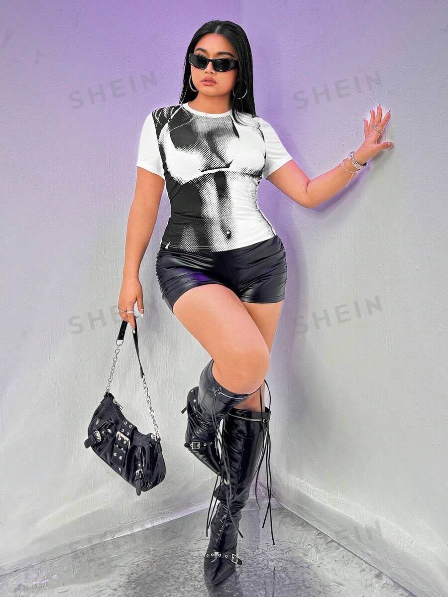 SHEIN ICON Plus Size Women's Round Neck Short Sleeve Human Body Printed ...