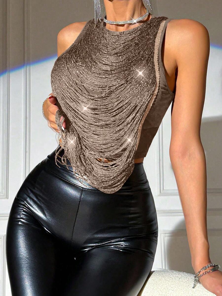 Allurite Women'S Sleeveless Fringe Detail Patchwork Tank Top For Summer ...