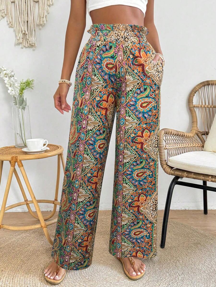 SHEIN PETITE Botanical Printing Patchwork Paper Bag Waist Wide Leg ...
