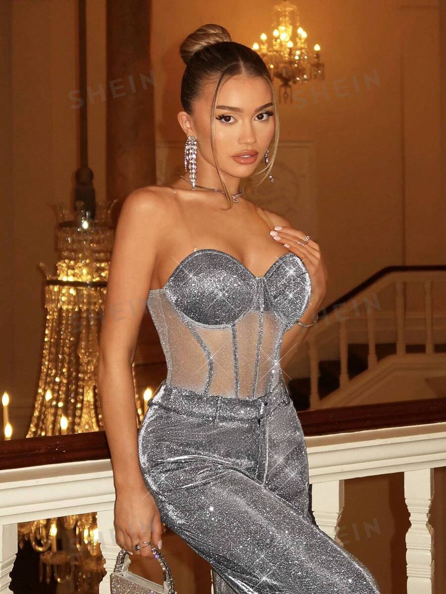 SHEIN BAE Sparkling Mesh Splicing Sexy See-Through Bust Cup Bodysuit For Spring/Summer Music ...