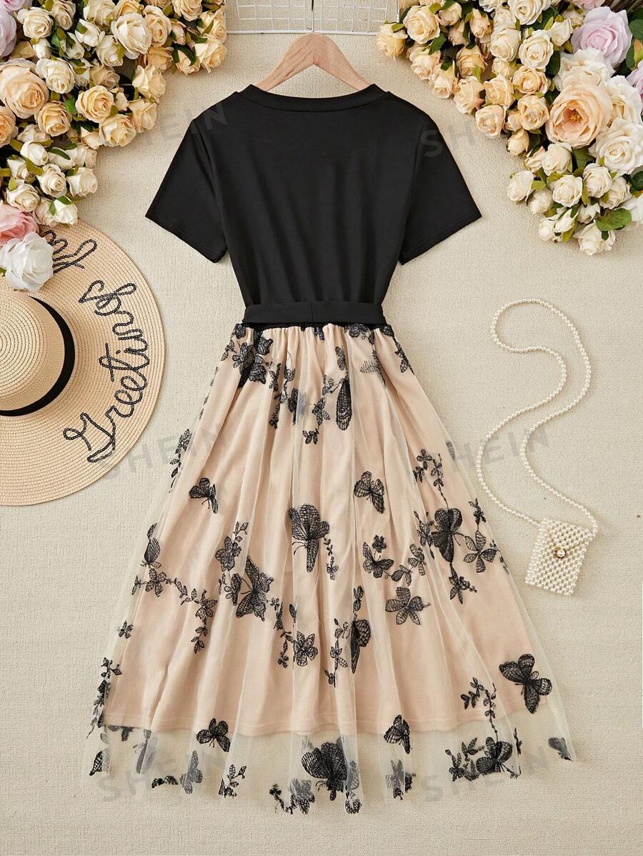 SHEIN VCAY Color Block Butterfly Embroidery Mesh Dress | SHEIN UK