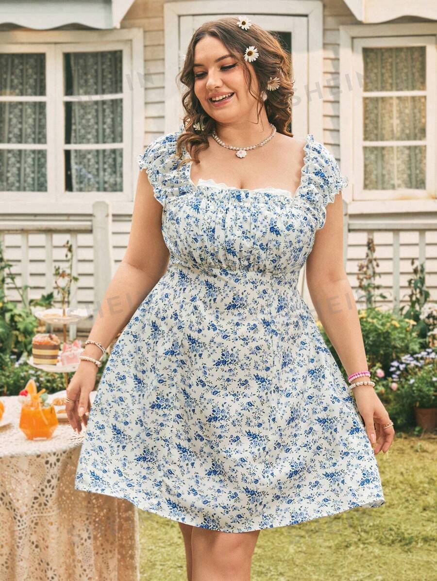 SHEIN WYWH Plus Size Women's Romantic A-Line Dress With Small Floral ...