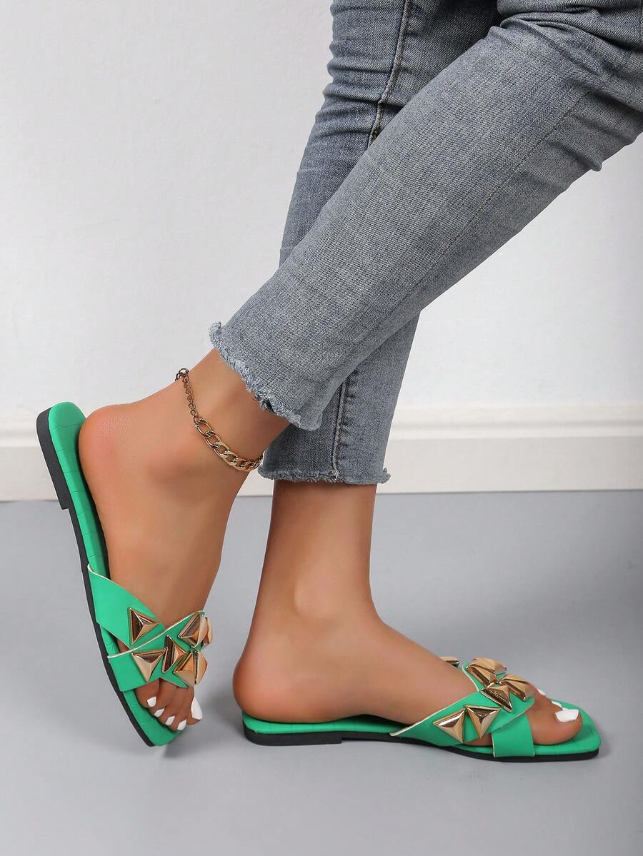 Women's Flat Square-Toed Slides With Casual French Style Design ...