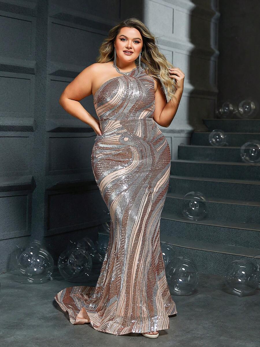 Plus Size One Shoulder Sequin Dress With Fish Tail Hem For Evening ...
