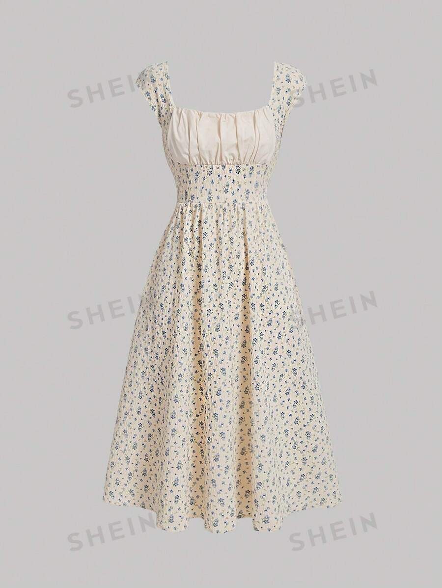 SHEIN MOD Farmhouse Style Cream Apricot Floral Print Square Neckline ...