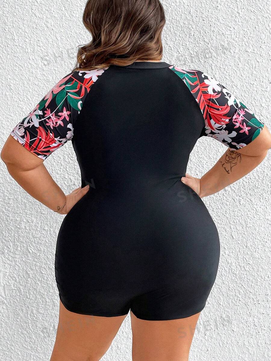 SHEIN CURVE+ Plus Size One Piece Swimsuit With Tropical Print And Color ...