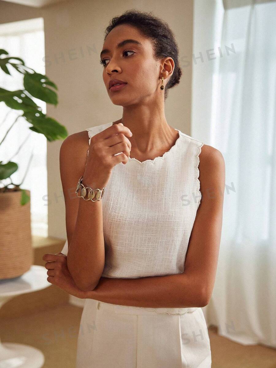 MOTF PREMIUM LINEN SOLID SCALLOP EDGE TANK TOP | SHEIN USA