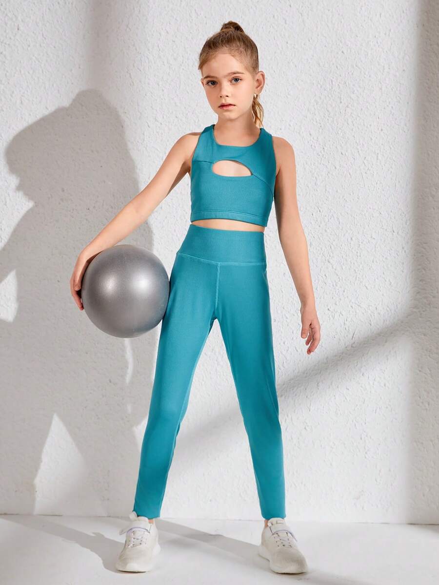 Tween Girls' Solid Color Hollow Out Tank Top And Pants Sportswear Set | SHEIN UK