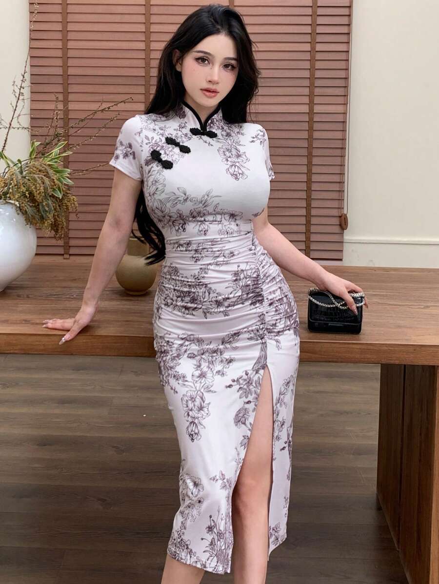 DAZY Midi-Length Retro Cheongsam Style Dress With Sheer Mesh, Sexy Side ...