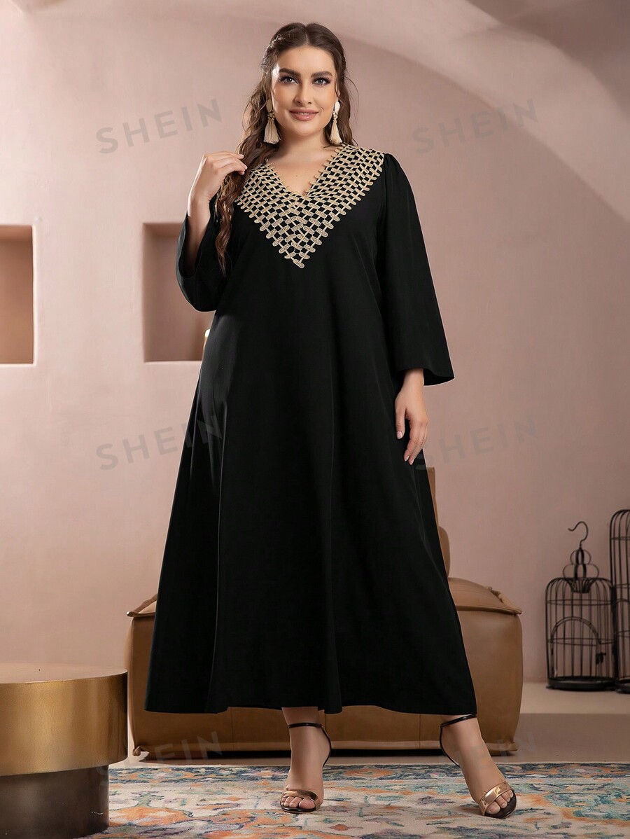 SHEIN Najma Robe arabe à manches évasées avec empiècement en dentelle ...