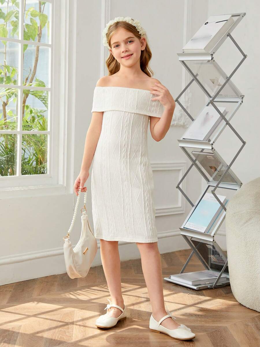 SHEIN Tween Girl Knitted Solid Color Bodycon Off Shoulder Casual Dress ...