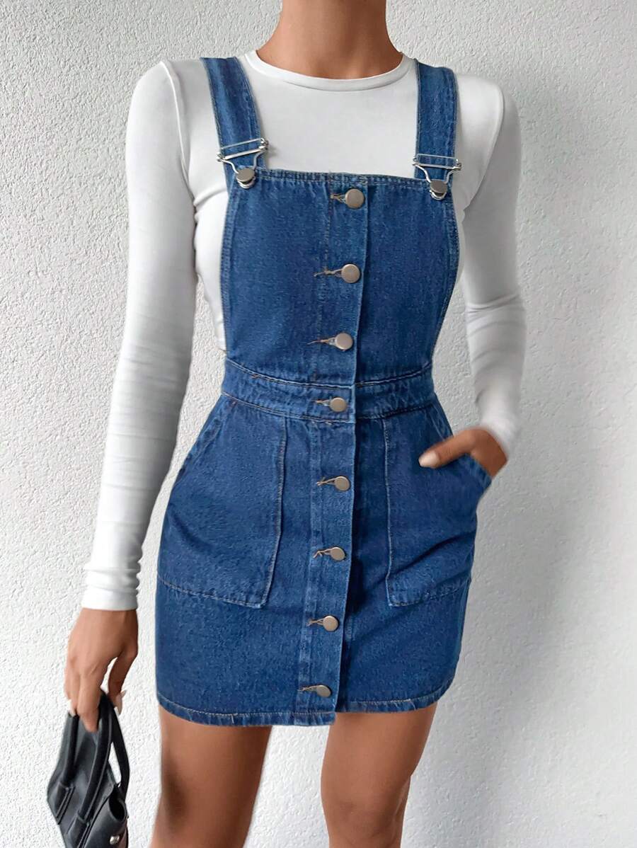 RueChic Slant Pocket Button Front Overall Denim Dress Without Tee ...