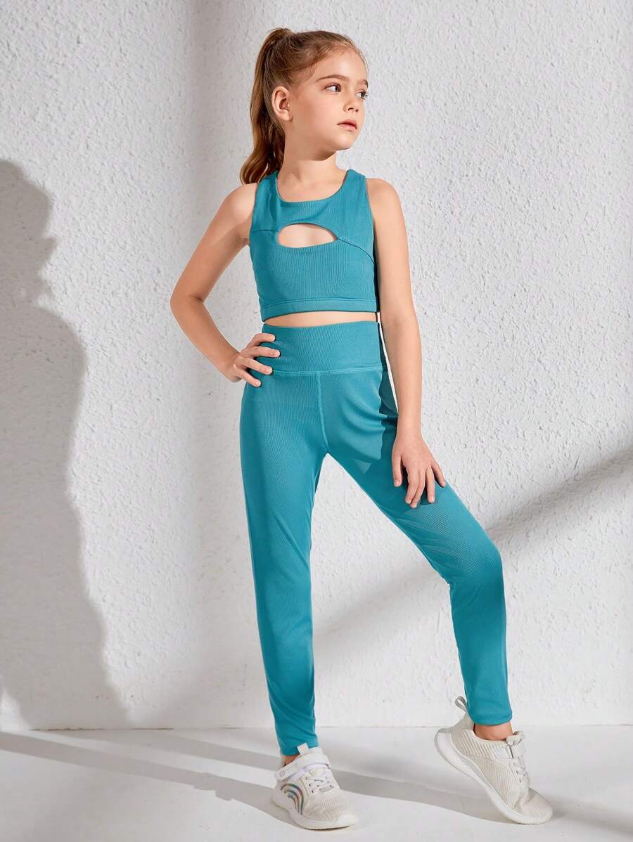 Tween Girls' Solid Color Hollow Out Tank Top And Pants Sportswear Set ...