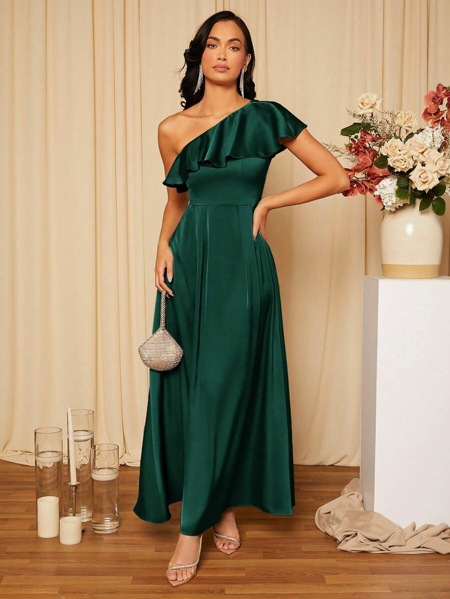 SHEIN Belle Solid Color Ruffle Decorated One Shoulder Waist Cinched Bridesmaid Dress, Formal ...