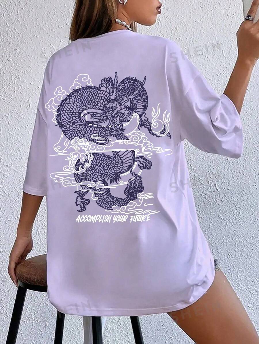 SHEIN EZwear Chinese Dragon & Letter Print Oversized Short Sleeve T-Shirt | SHEIN Singapore