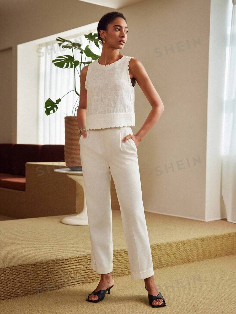 MOTF PREMIUM LINEN SOLID SCALLOP EDGE TANK TOP | SHEIN USA