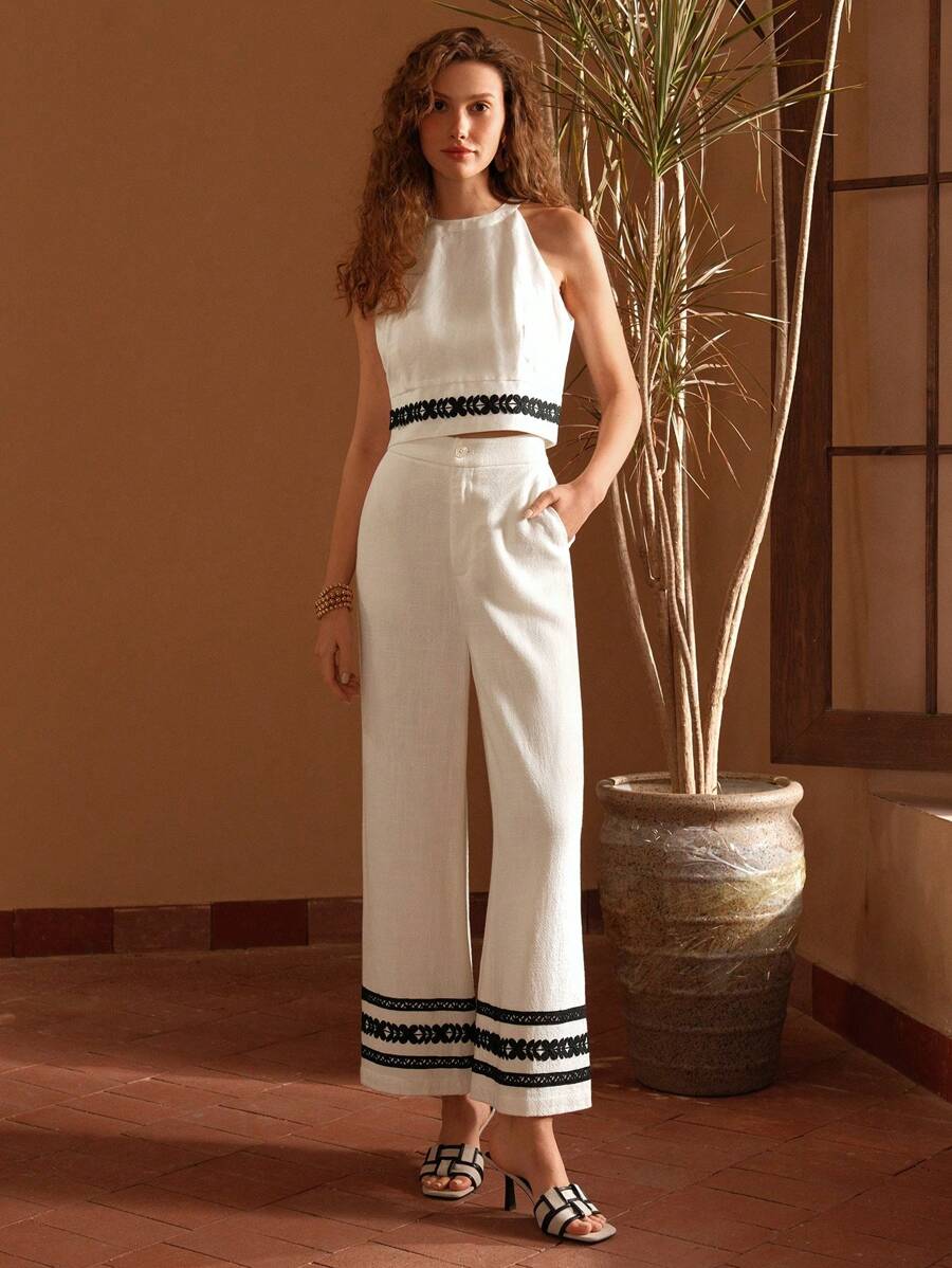 MOTF PREMIUM LINEN CONTRAST APPLIQUE DETAIL HALTER TOP | SHEIN USA