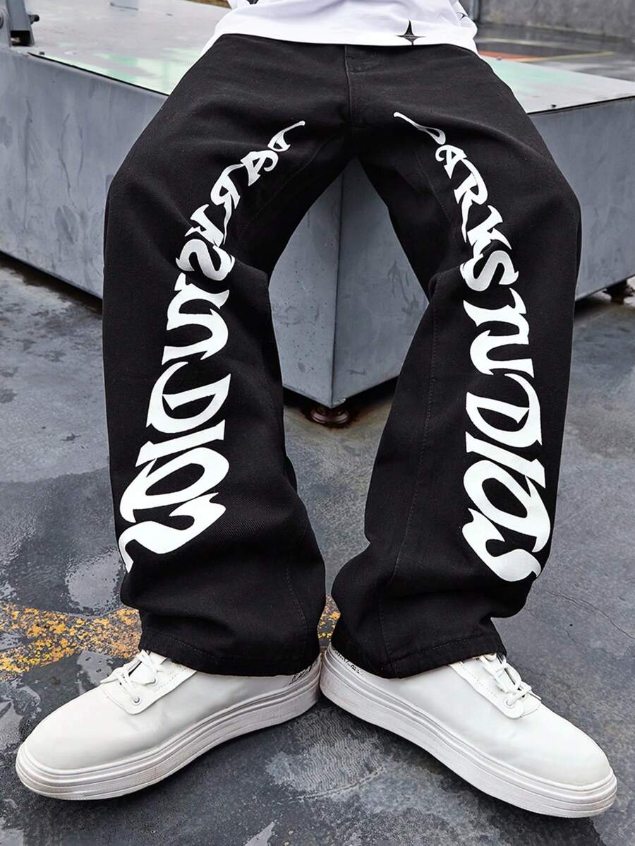 Manfinity StreetEZ Loose Men's Wide Leg Jeans With Letter Graphic Print ...