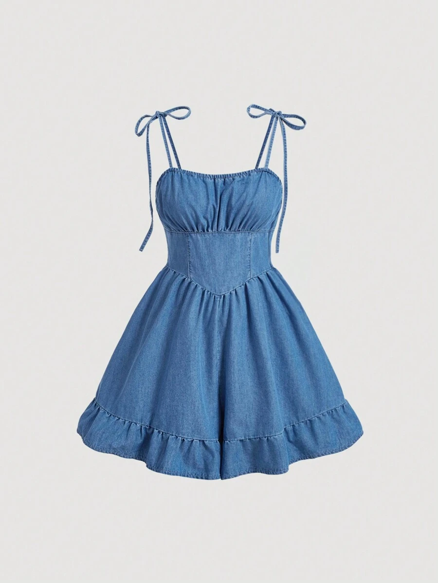 SHEIN MOD Women's Back Zipper Denim Romper With Ruffle Hem And ...