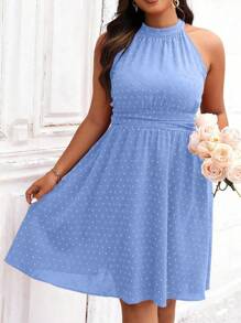 SHEIN Clasi Plus Size Summer Solid Color Swiss Dot Pleated Halter Neck ...