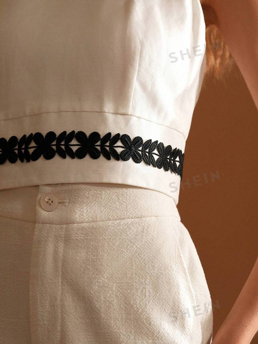 MOTF PREMIUM LINEN CONTRAST APPLIQUE DETAIL HALTER TOP | SHEIN USA