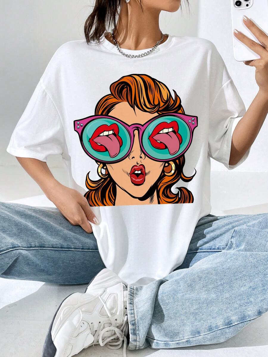 SHEIN EZwear Funny Oversized Cartoon Print Women T-Shirt, Casual Loose ...