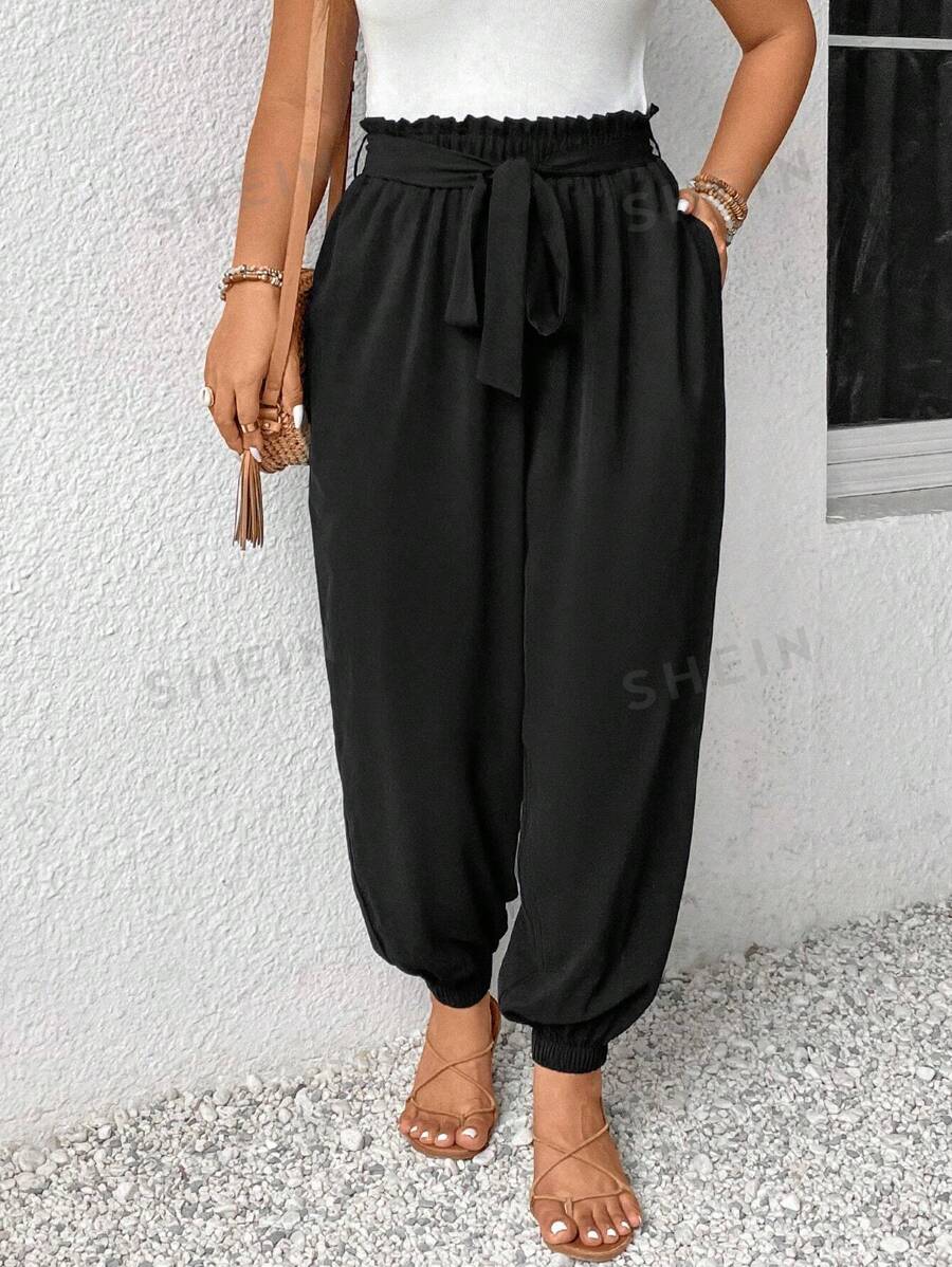 SHEIN Frenchy Plus Size Women's Black Tapered Leg Pants With Elastic Waistband And Pleated Hem ...