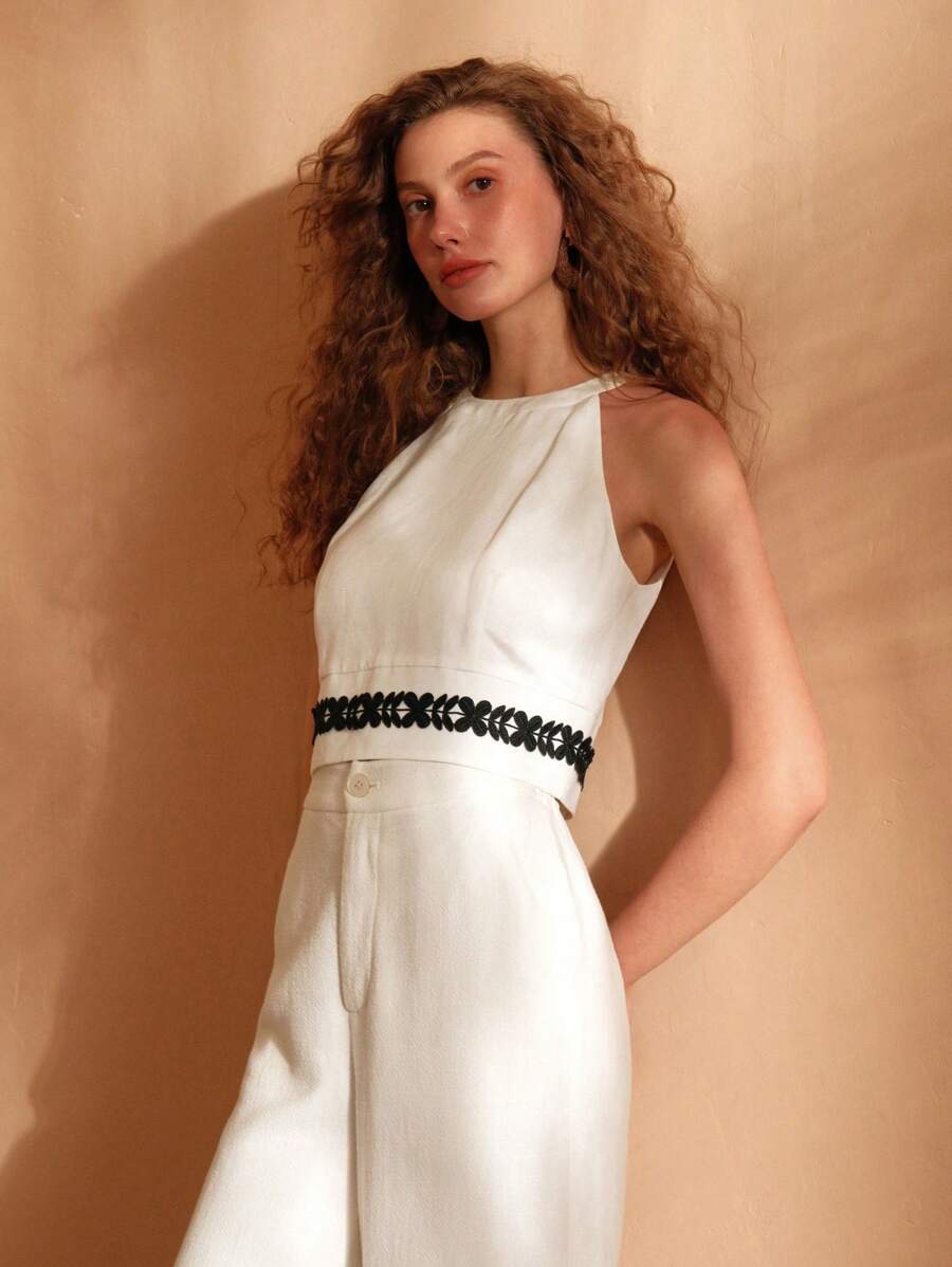 MOTF PREMIUM LINEN CONTRAST APPLIQUE DETAIL HALTER TOP | SHEIN USA