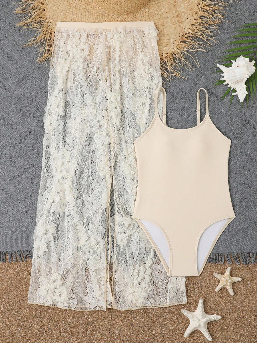 SHEIN Tween Girls' One Piece Swimsuit With Lace 3d Flower Cover-Up ...