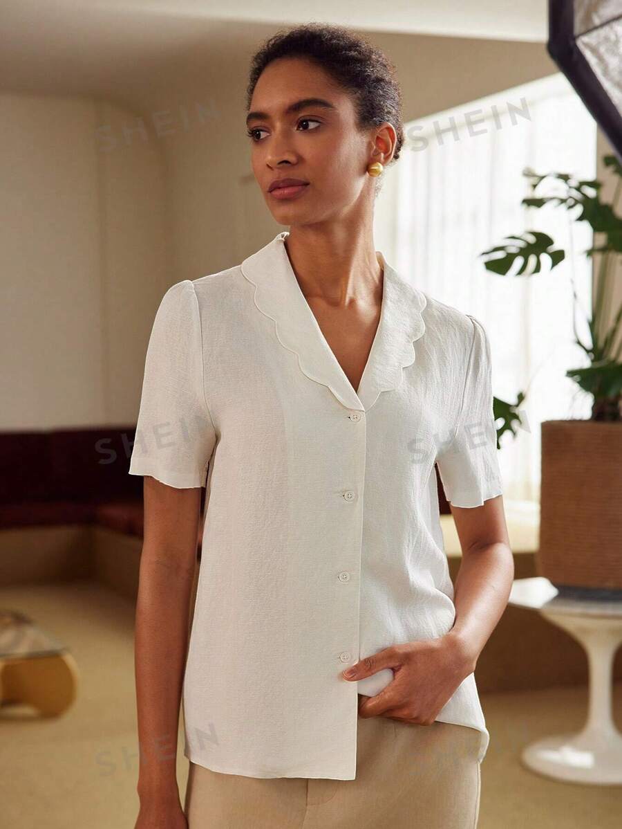 MOTF PREMIUM LINEN LINEN SOLID SCALLOP SHAWL COLLAR SHIRT | SHEIN USA