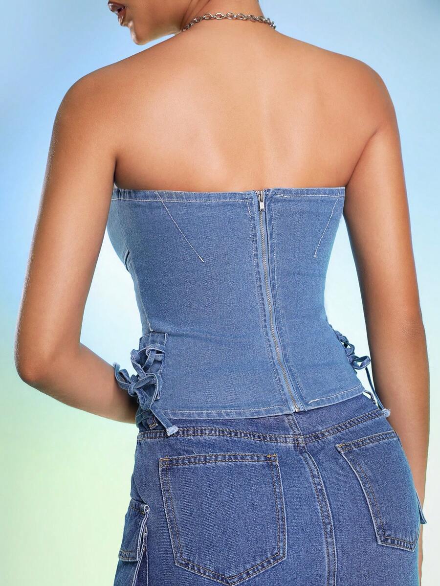 BARBARA DOMINGUES Designer Women Strapless Tie-Side Cowgirl Denim Top ...