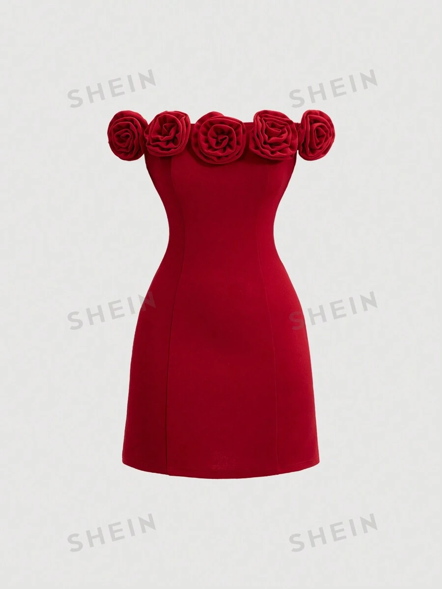 SHEIN MOD Women's Off-Shoulder Solid Red Dress With 3d Flowers | SHEIN UK