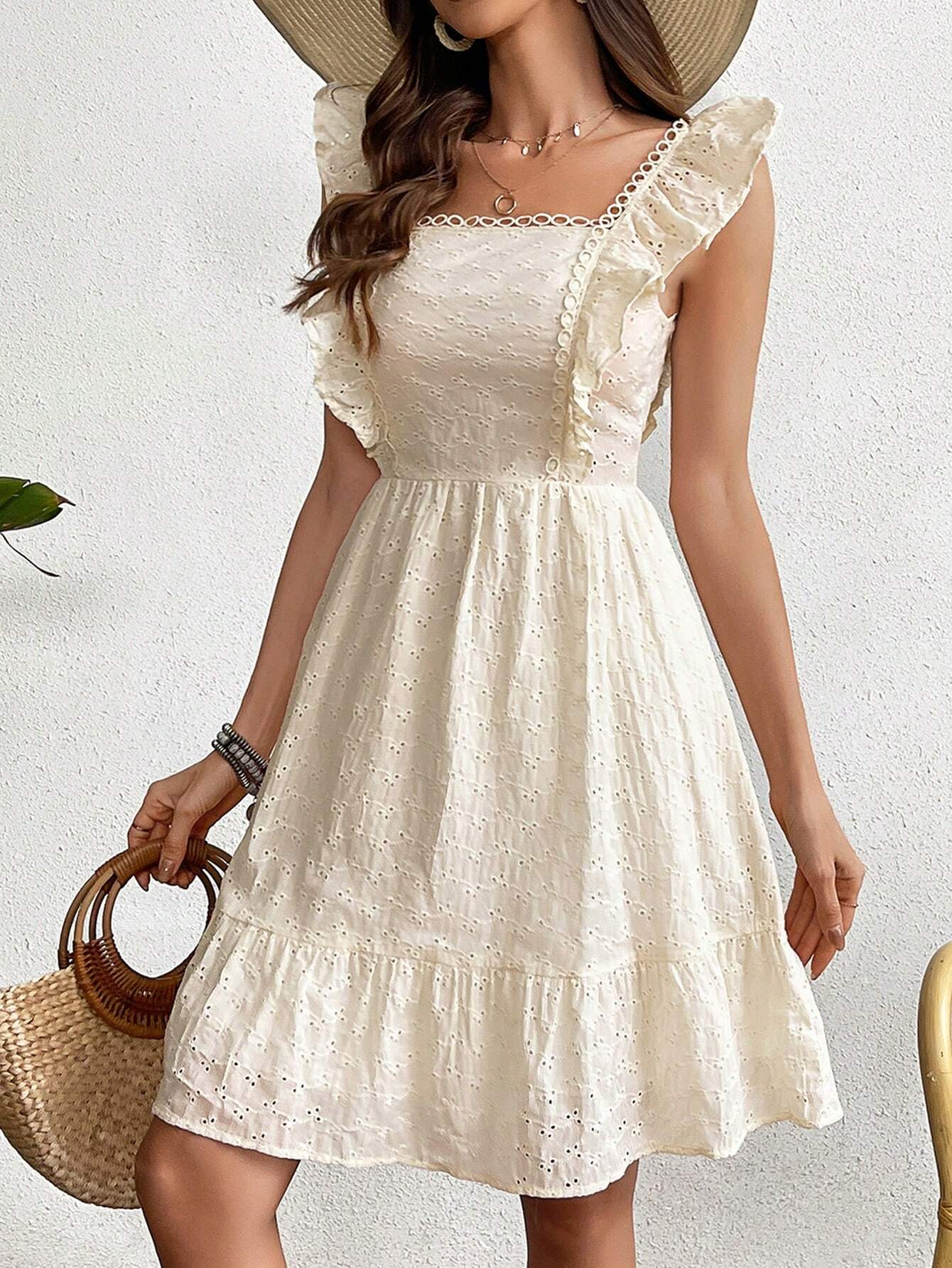 Solid Square Neck Ruffle Armhole Lace Trim Schiffy Dress | SHEIN USA