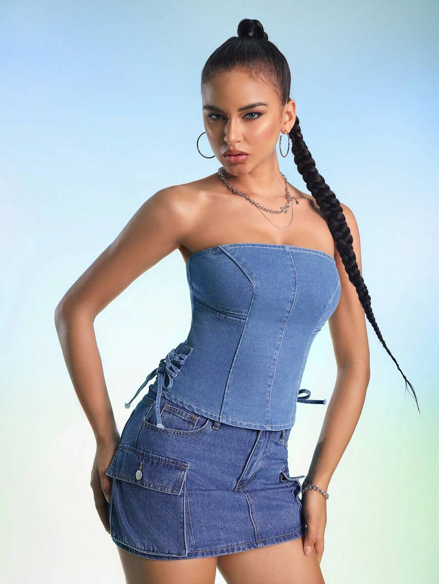 BARBARA DOMINGUES Designer Women Strapless Tie-Side Cowgirl Denim Top ...