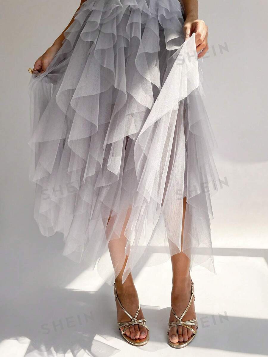 SHEIN Privé Women's Multi-Layered Ruffle Edge Mesh & Tied Hollow Out ...