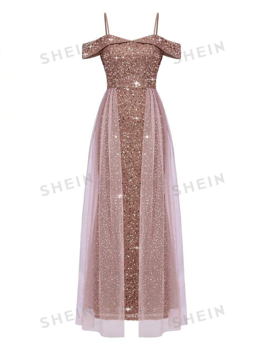 SHEIN Belle Glitter Mesh Cold Shoulder Neckline & Mermaid Hem Maxi Dress | SHEIN UK