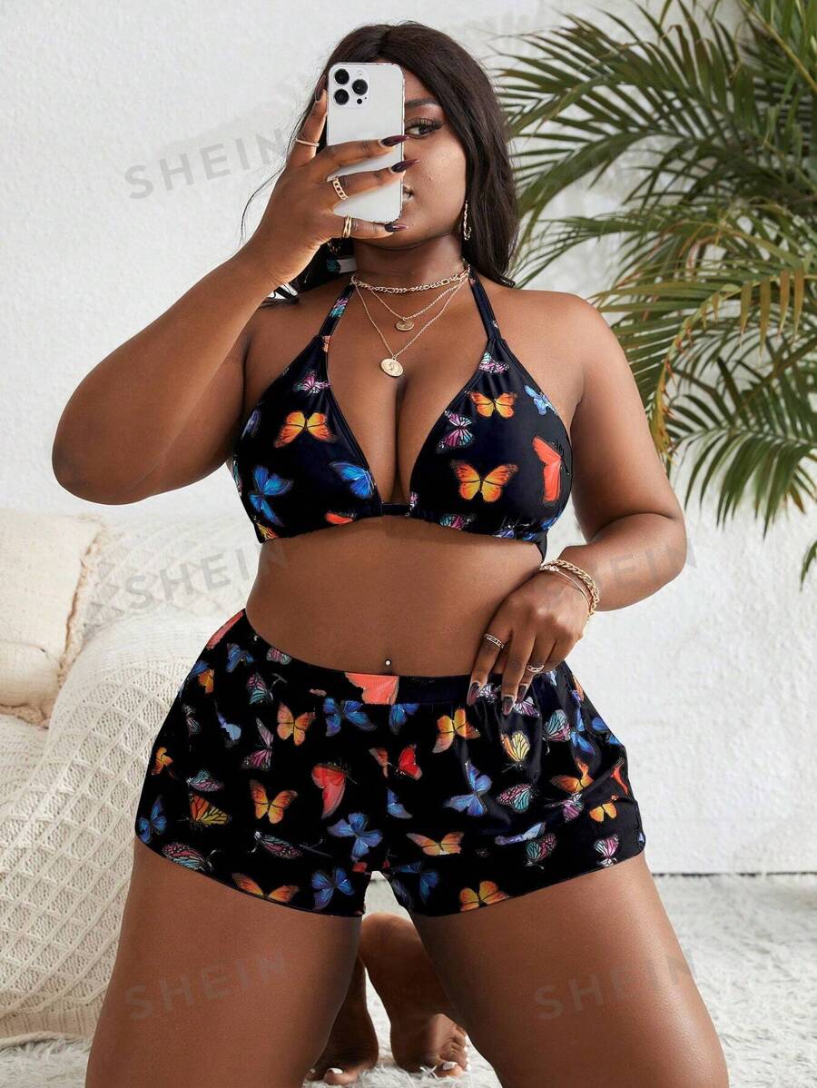 Shein Swim Curve Summer Beach Plus Size Butterfly Print Halter Triangle
