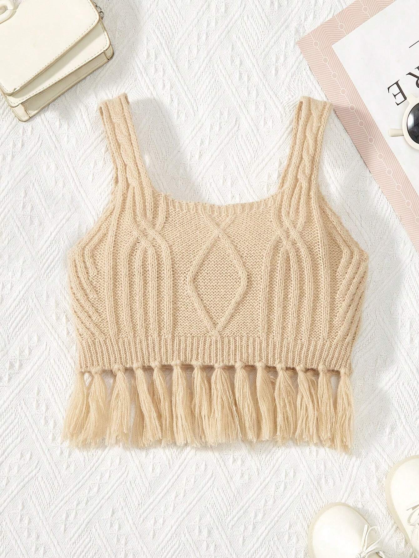 Tween Girl Fringed Hem Sleeveless Knitted Top With Square Neckline ...