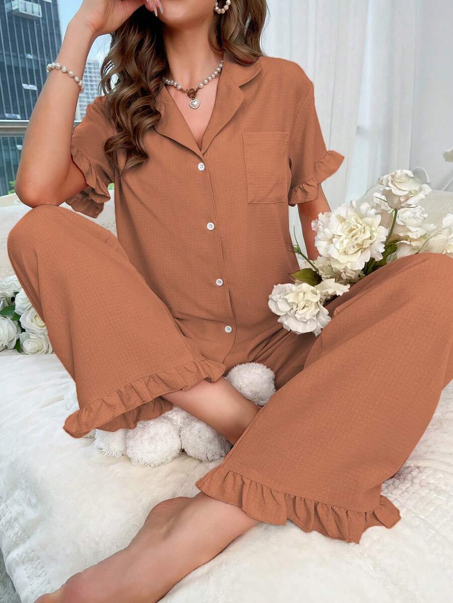 Women's Solid Color Ruffle Trim Pajama Set | SHEIN USA