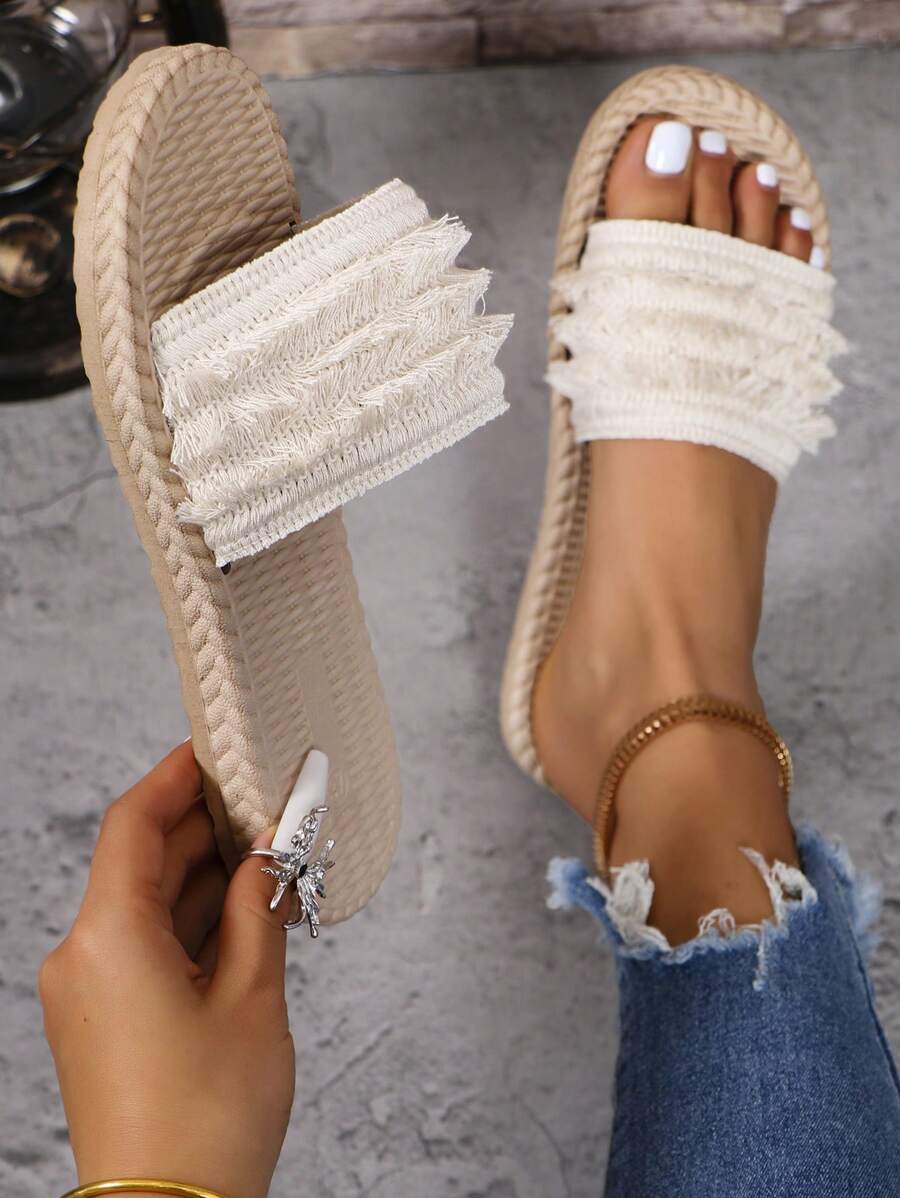 Women Lightweight Raw Trim Flat Sandals, Vacation Summer Fabric Slide ...