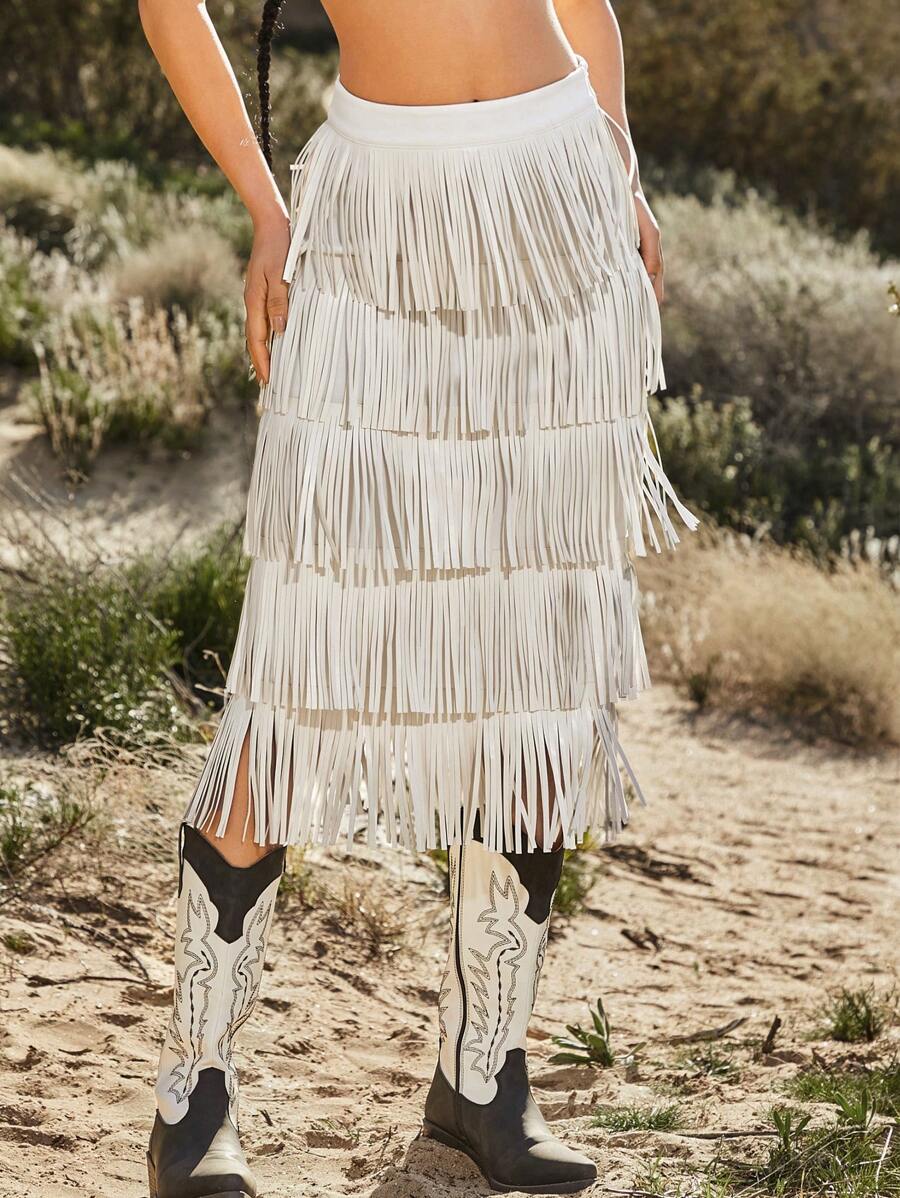 SHEIN Unity Layered Fringe Tiered Skirt | SHEIN USA