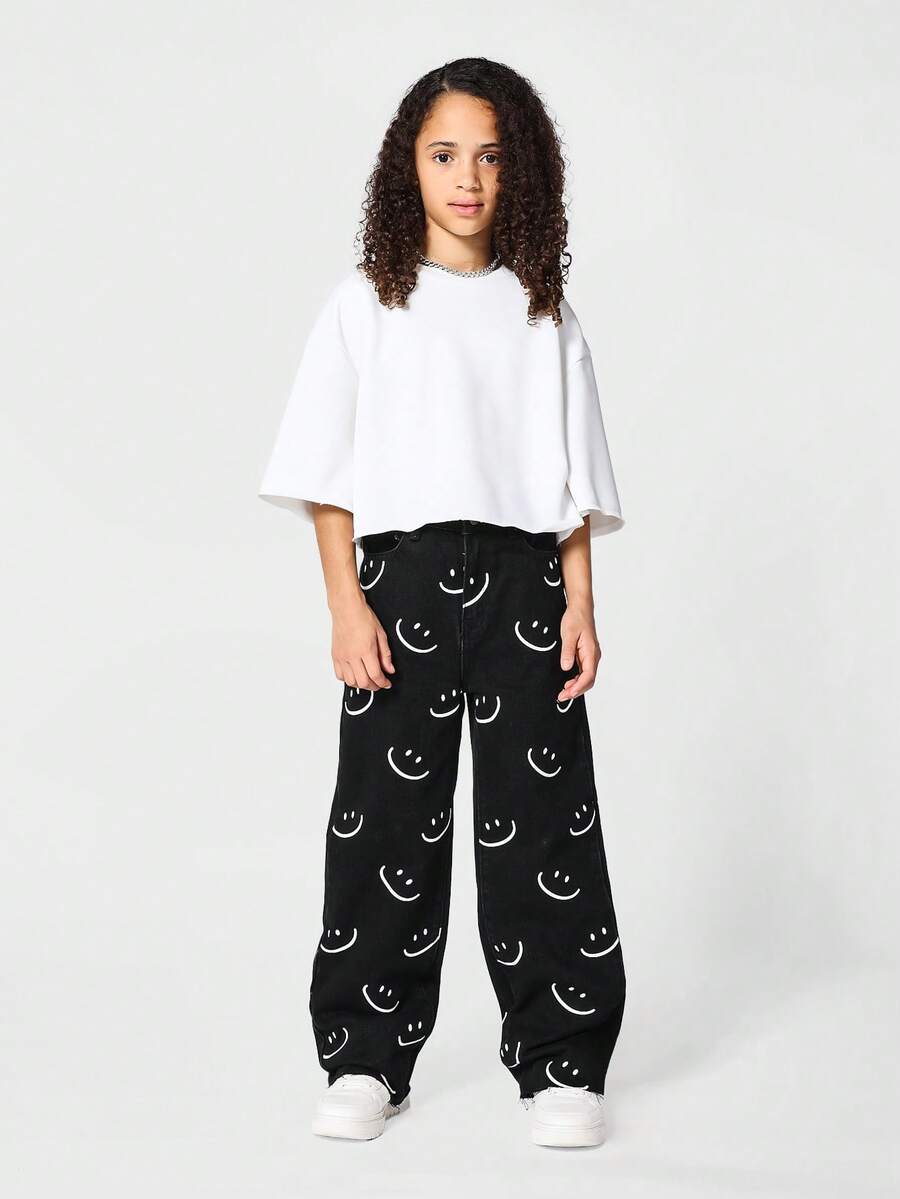 SUMWON Kids Unisex Wide Leg Fit Jean Baggy Denim Pants With All Over ...