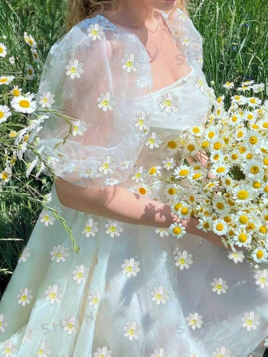 SHEIN WYWH Plus Size Women's Elegant Daisy Embroidered Mesh Dress With ...