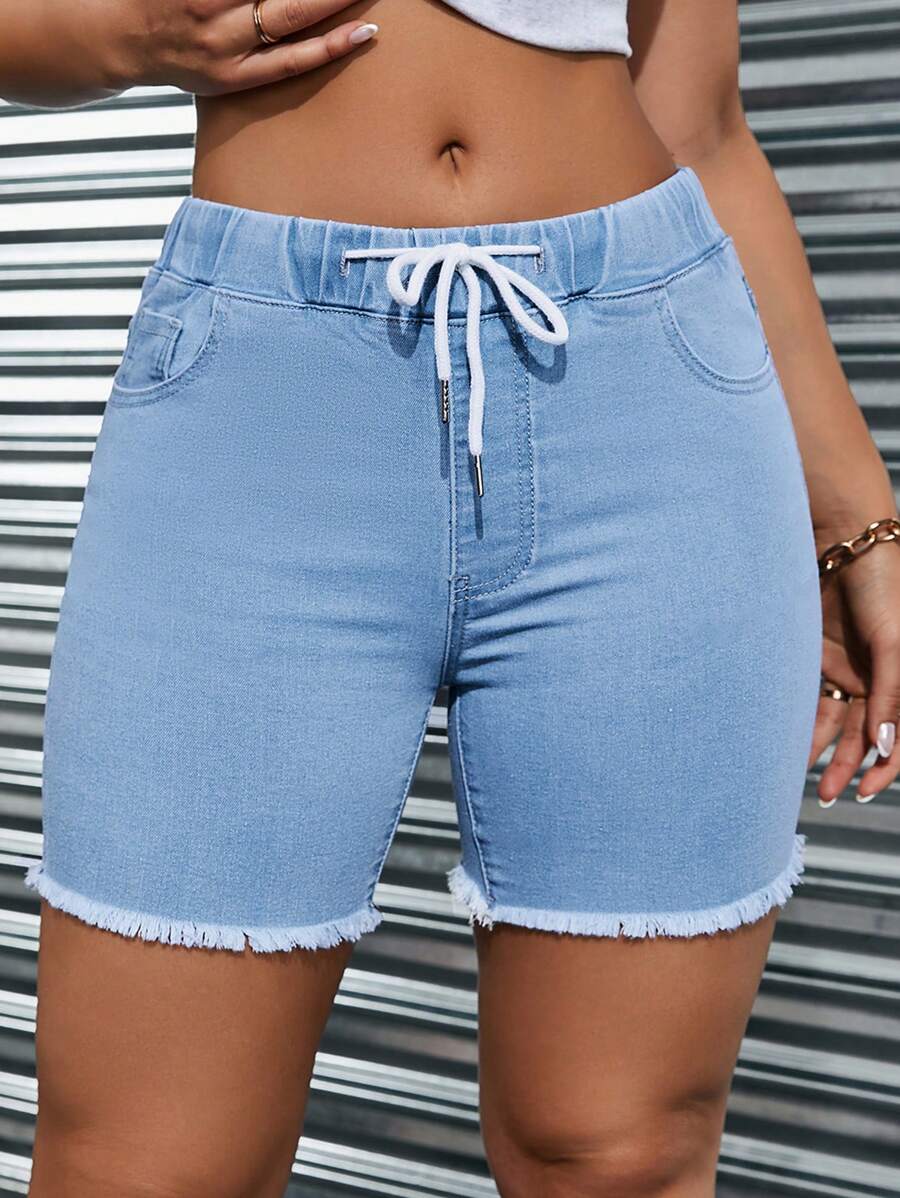 Women's Drawstring Waist Frayed Hem Denim Shorts | SHEIN USA