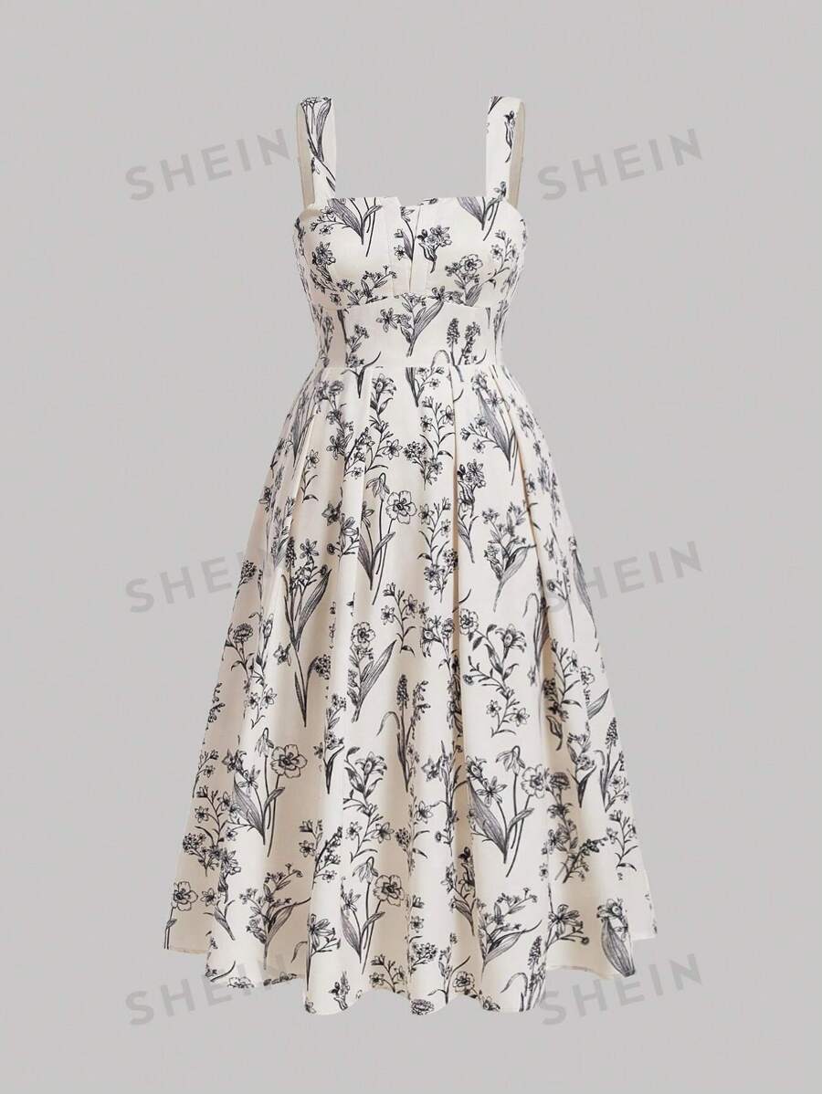 SHEIN MOD Plus Size Vintage Floral Printed Long Spaghetti Strap Dress ...