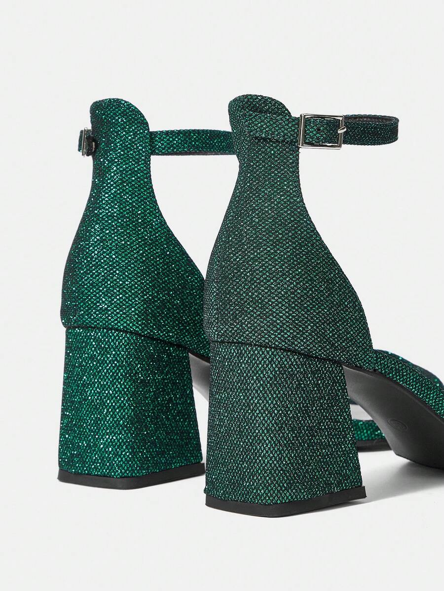SHEIN SXY Glitter Plating Chunky Heel Ankle Strap Square Toed One-Band ...