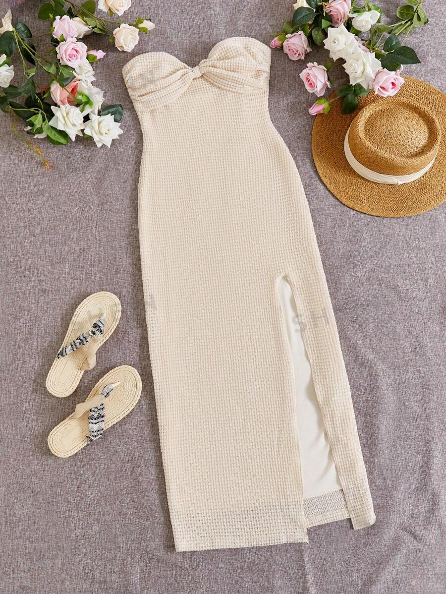 SHEIN VCAY Vacation Twist Detail High Slit Strapless Dress Wedding Dress | SHEIN USA