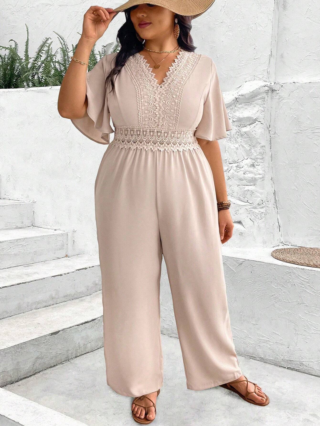 SHEIN Privé Plus Size Women's Lace Patchwork High Waisted Jumpsuit ...