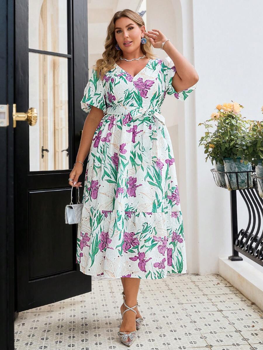 Simplee Plus Size Elegant Embroidered Printed Waist-Cinching Dress ...